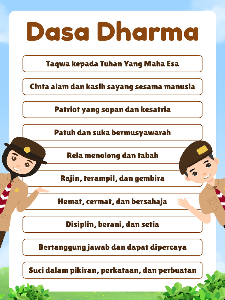 Dasa Dharma Pramuka Poster Cokelat Hijau Ilustratif | PDF