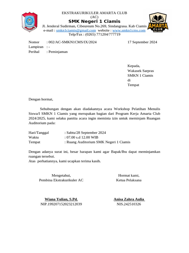 Surat Peminjaman Auditorium | PDF