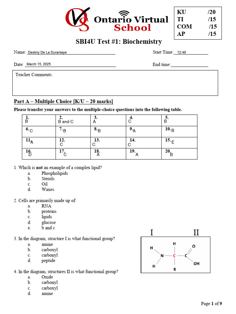 SBI4U Test 1 - Updated | PDF | Cell Membrane | Cholesterol