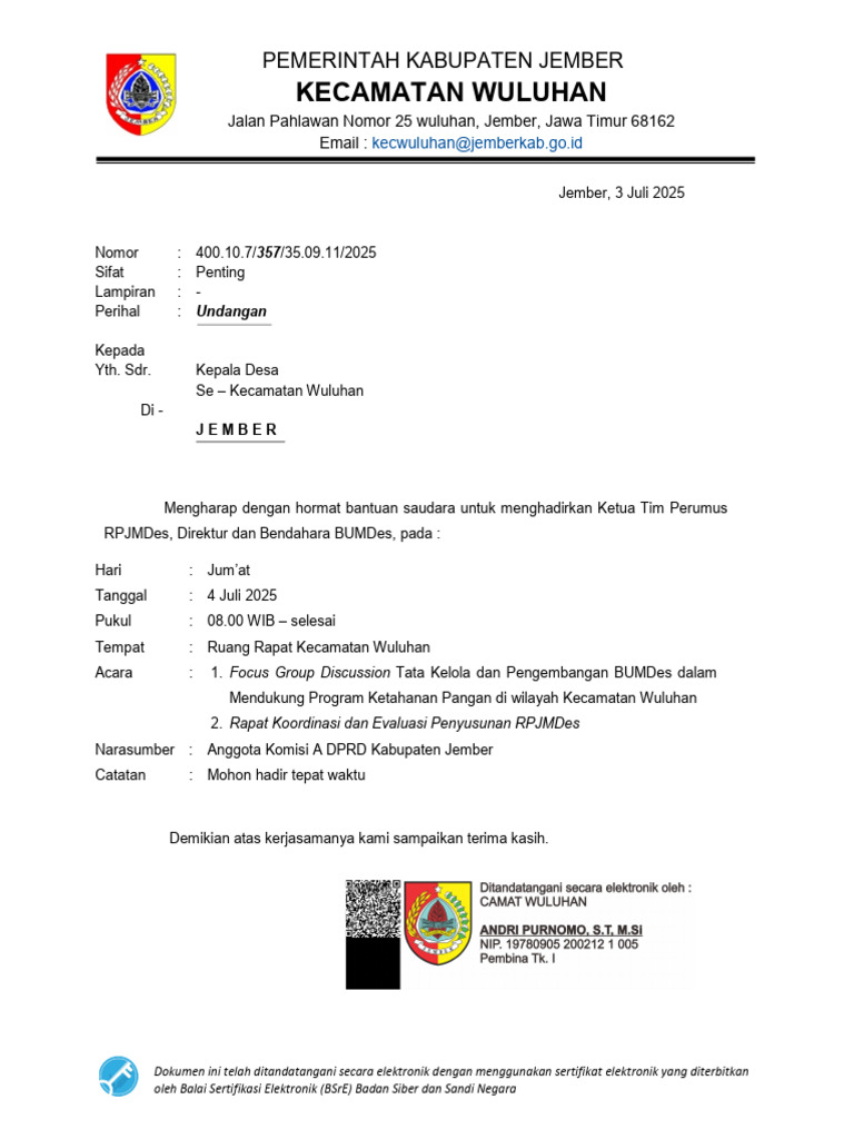 Undangan FGD dan Rapat RPJMDes Wuluhan | PDF