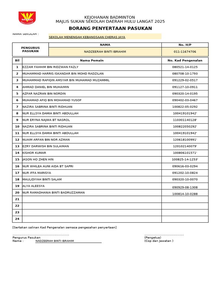 Borang Pendaftaran SMK Cheras Jaya | PDF