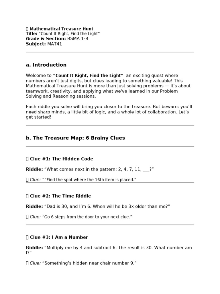 Math Treasure Hunt: Clue-Based Quest | PDF | Length | Area