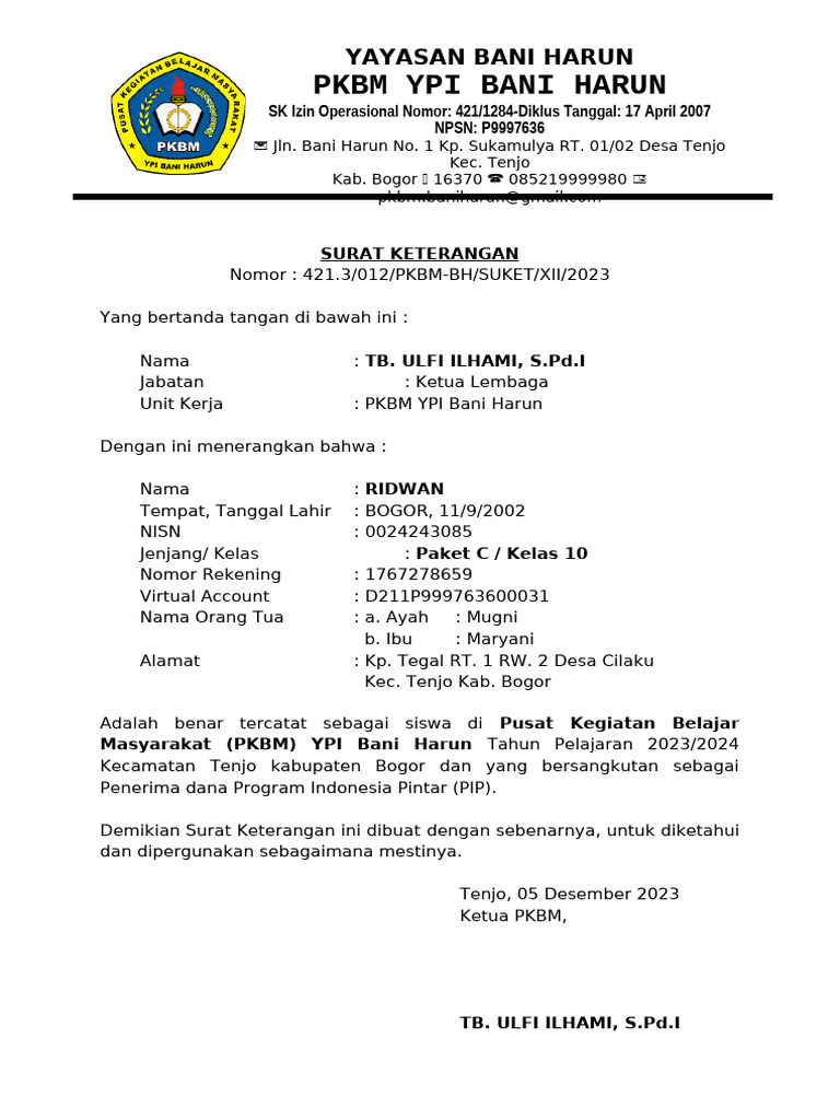 Format Suket Aktif Siswa | PDF