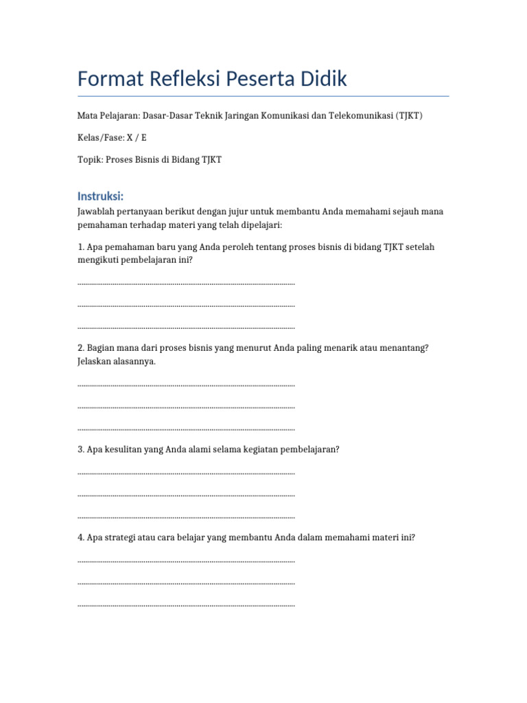 Refleksi Pembelajaran TJKT Kelas X | PDF