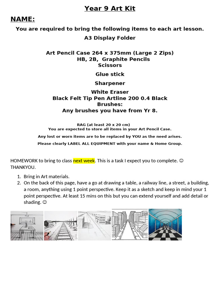 Essential Year 9 Art Kit Checklist | PDF