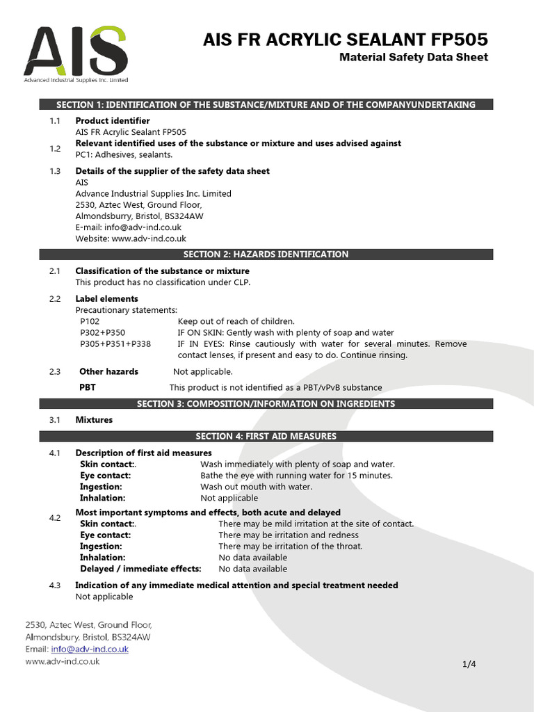 Ais Fp505 Fr Acrylic Sealant-msds | PDF | Toxicity | Personal Protective Equipment