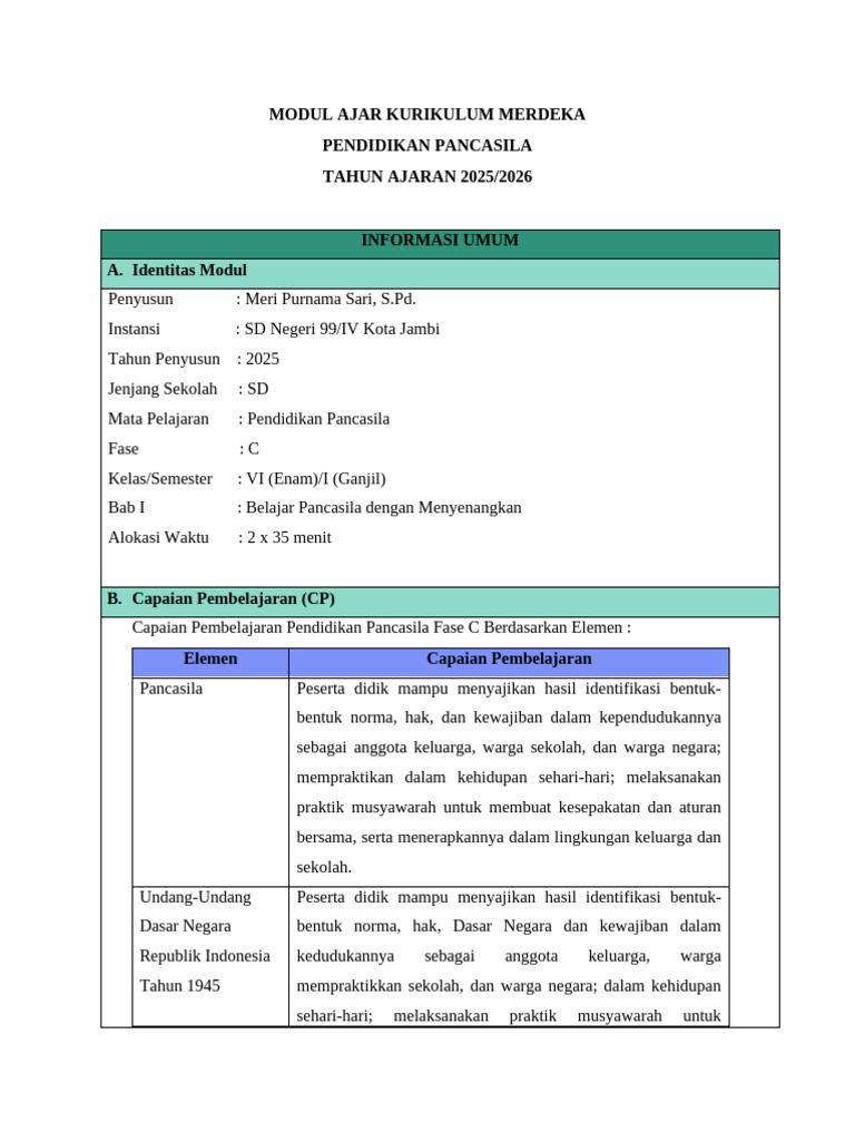 Modul Ajar Pancasila Kelas VI Merdeka | PDF