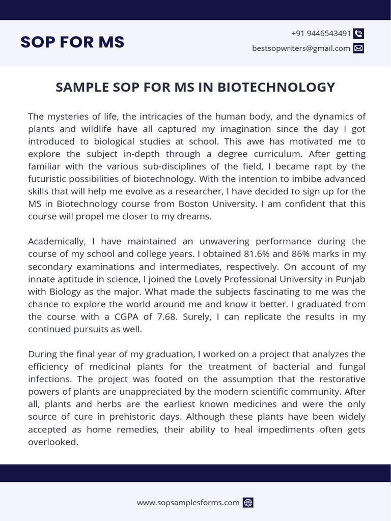 MS in Biotechnology Statement of Purpose | PDF | Science | Biology