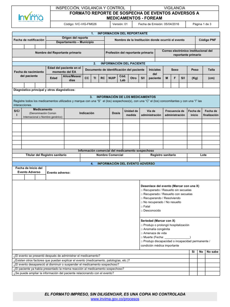 Formato FOREAM para Reporte de Eventos Adversos | PDF | Medicamentos ...