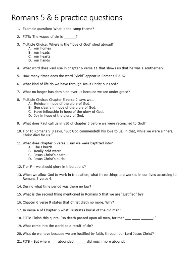 Romans 5 6 Practice Questions | PDF | Epistle To The Romans | Grace In ...