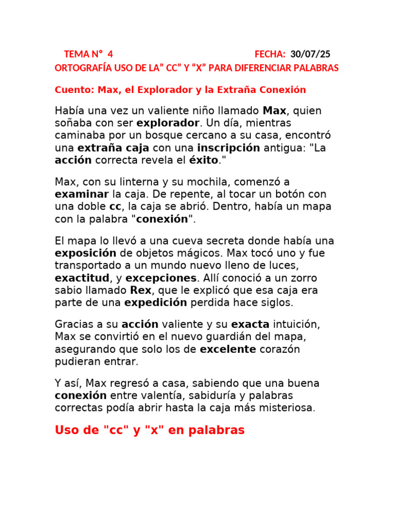 Tema #4 Fecha: Ortografía Uso de La" CC" Y "X" para Diferenciar ...