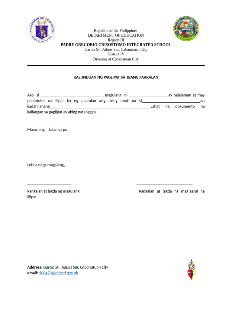 Kasunduan Sa Paglipat NG Paaralan | PDF