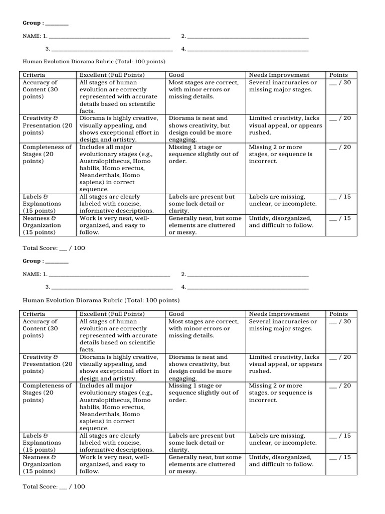Human Evolution Diorama Rubric | PDF | Homo | Human Evolution