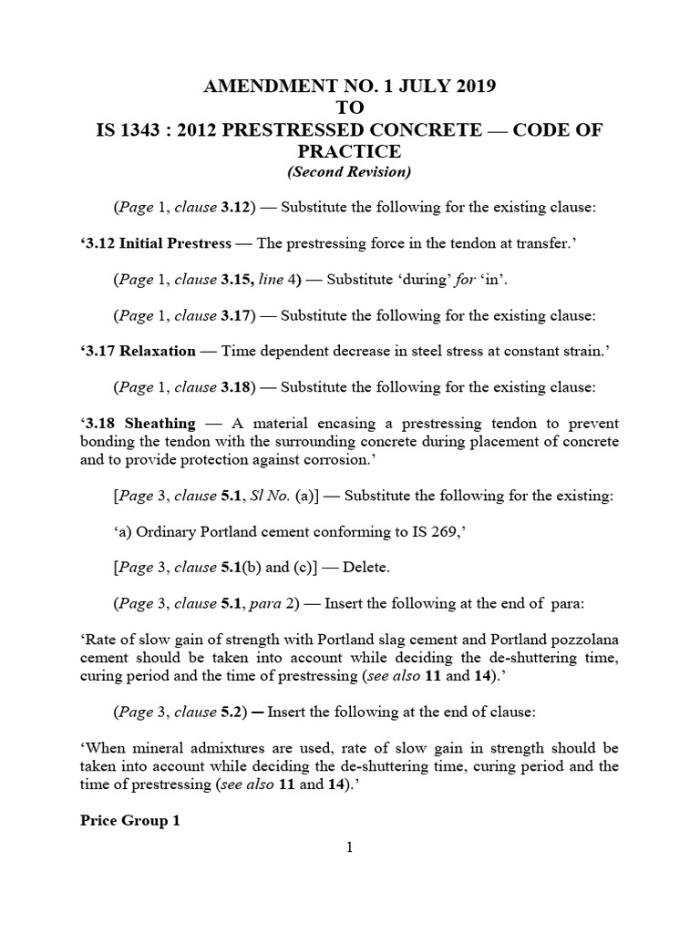 Amendment No. 1 July 2019 TO Is 1343: 2012 Prestressed Concrete - Code of Practice | PDF ...