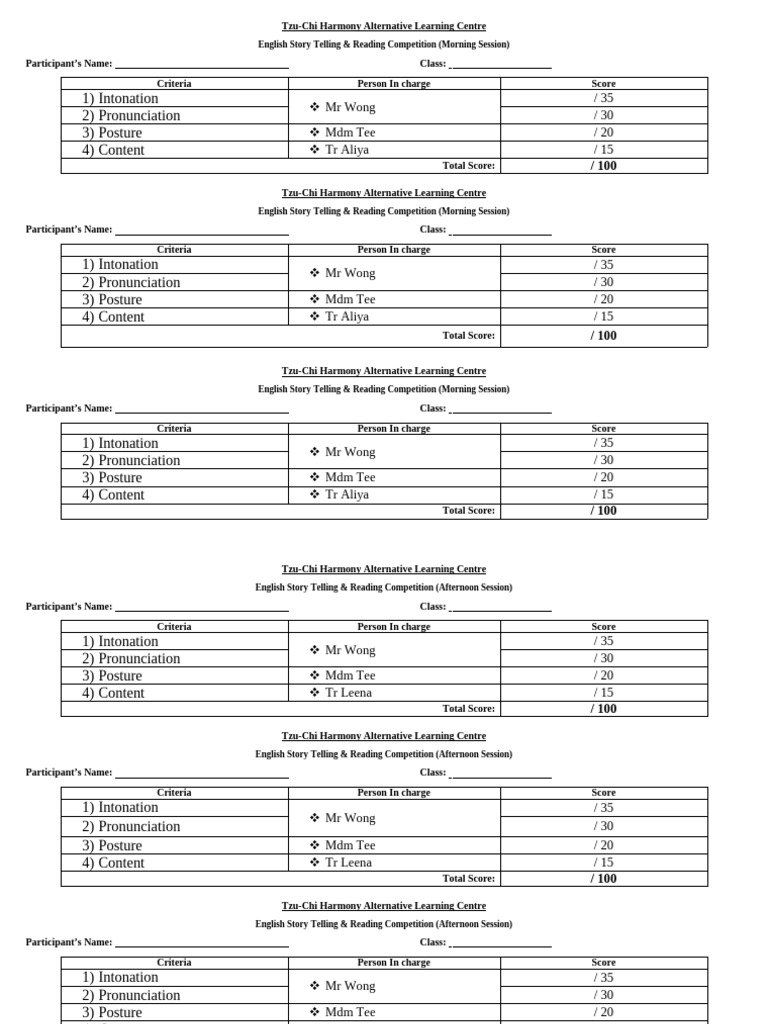 English Story Telling & Reading Competition Marking Form 02 | PDF