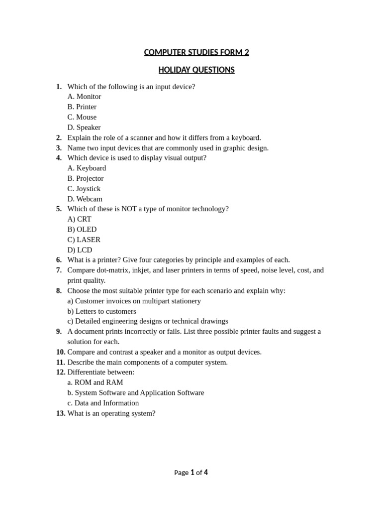 Holiday Form 1 and 2 Questions | PDF | Spreadsheet | Computer Monitor