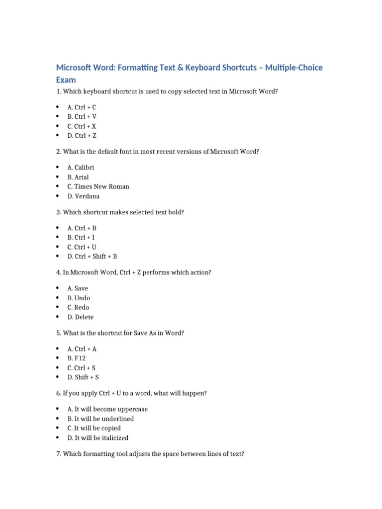 Word Formatting Shortcuts Quiz | PDF | Microsoft Word | Keyboard Shortcut