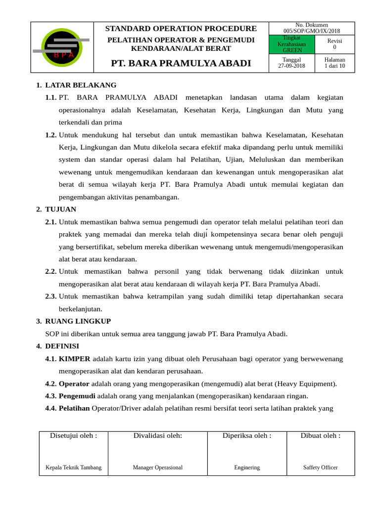 SOP Pelatihan Operator Alat Berat | PDF