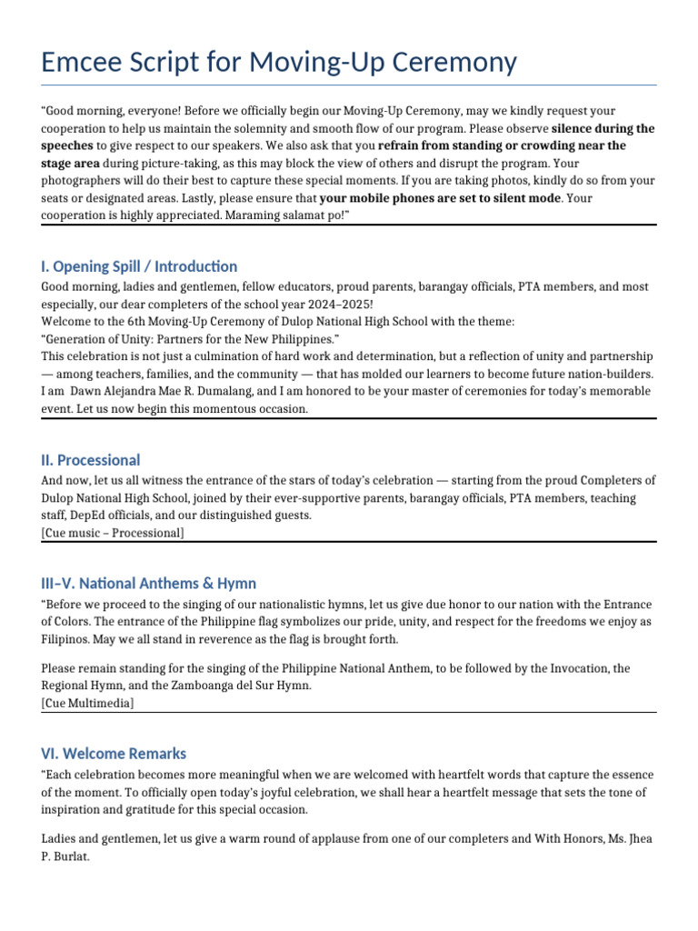 Moving Up Ceremony Emcee Script | PDF