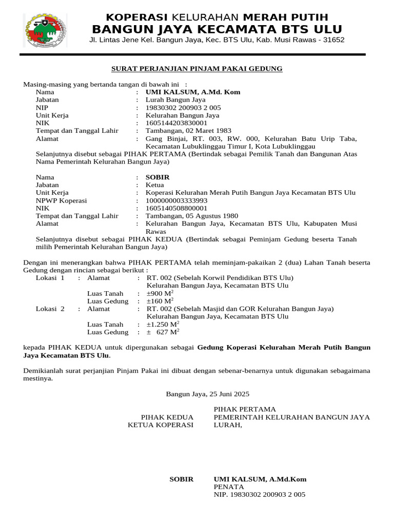 Surat Perjanjian Pinjam Pakai Gedung Dengan Mi | PDF