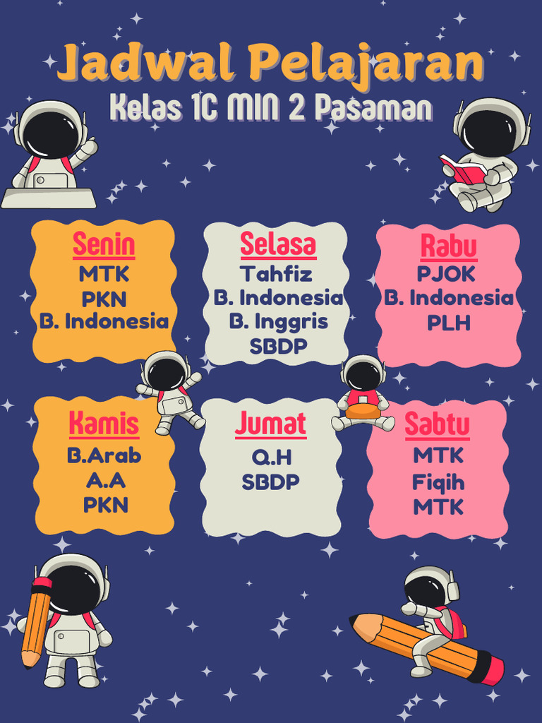 Biru Oranye Ilustrasi Ruang Angkasa Lucu Jadwal Pelajaran Dokumen A4 | PDF