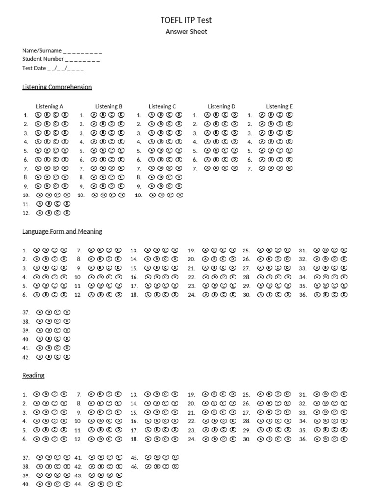 TOEFL ITP Test 1answer Sheet | PDF | Test Of English As A Foreign ...