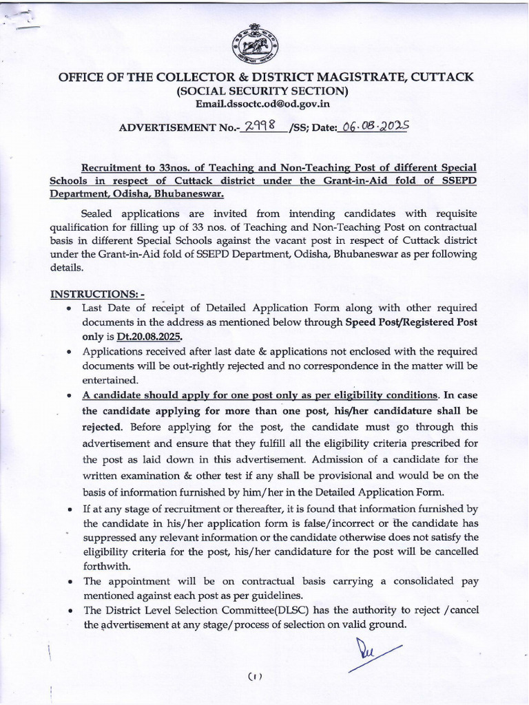 Gia Ssepd Special School Cuttack Requirment | PDF