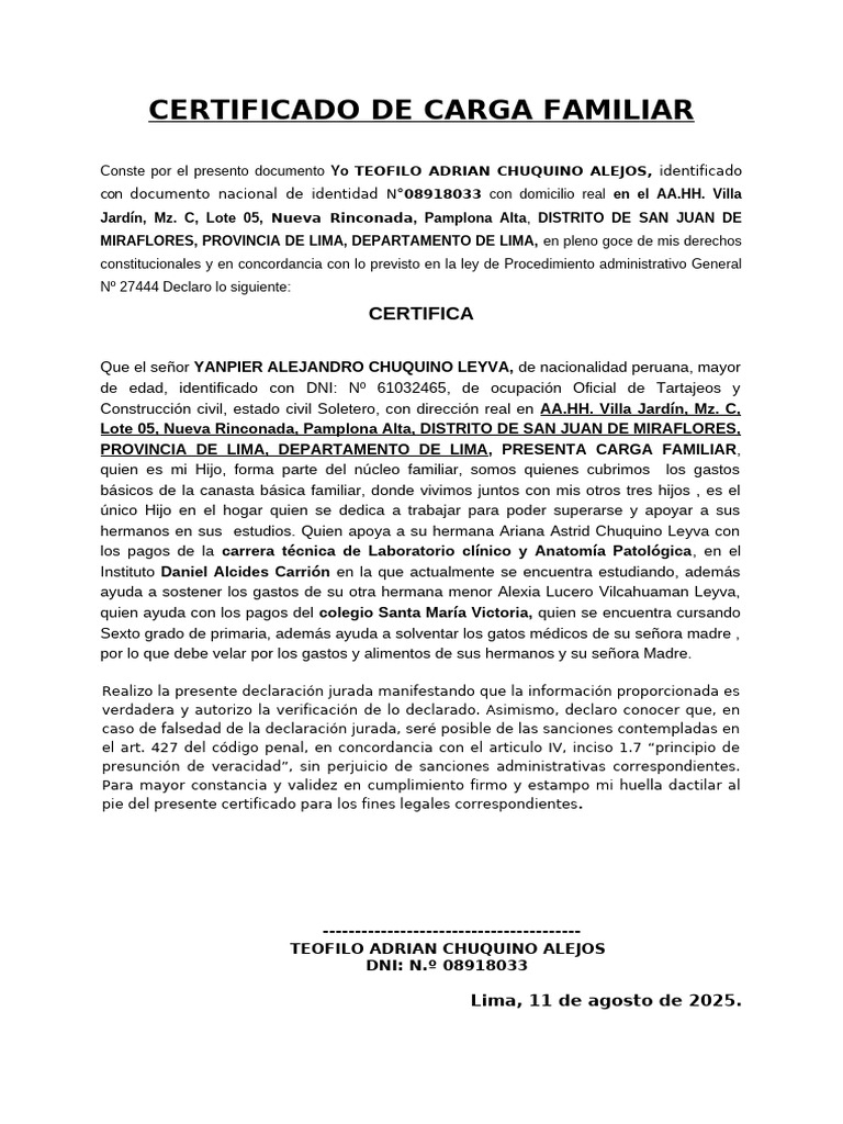 CONSTANCIA DE CARGA FAMILIAR (1).. | PDF | Lima