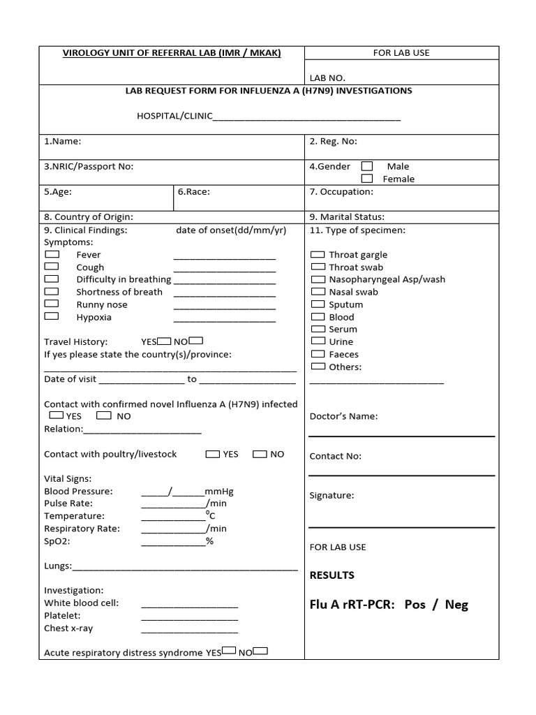 Annex 7 Laboratory Request Form For H7N9 30042013 | PDF | Influenza | Influenza A Virus