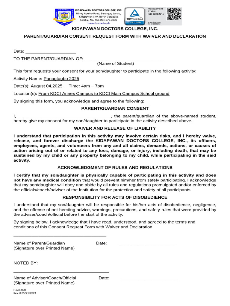 F SAS 030 Parent Guardian Consent Request Form With Waiver and Declaration Rev. 0 1 | PDF ...