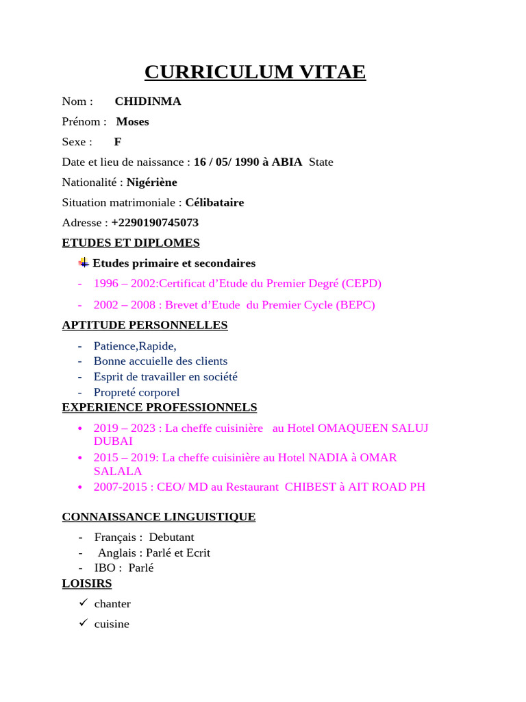 CV de Moses Chidinma, Cheffe Cuisinière | PDF