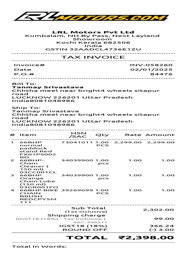 LRL Motors Invoice #058260 | PDF
