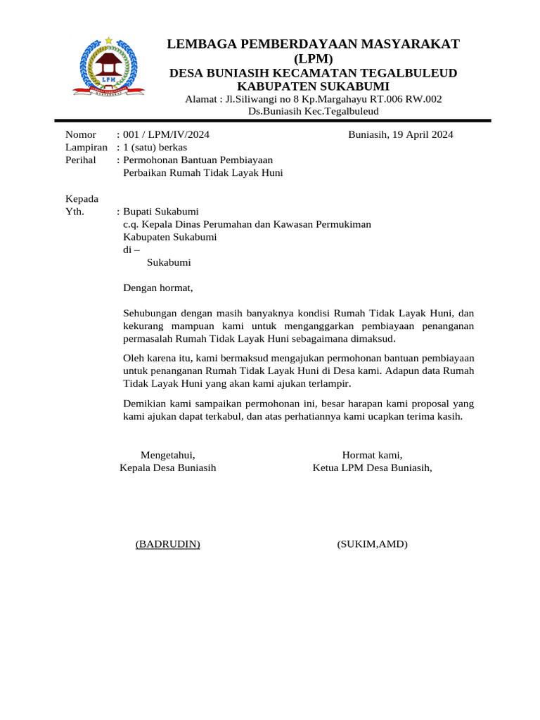 2. Format Surat Permohonan Bantuan RTLH-LPM | PDF