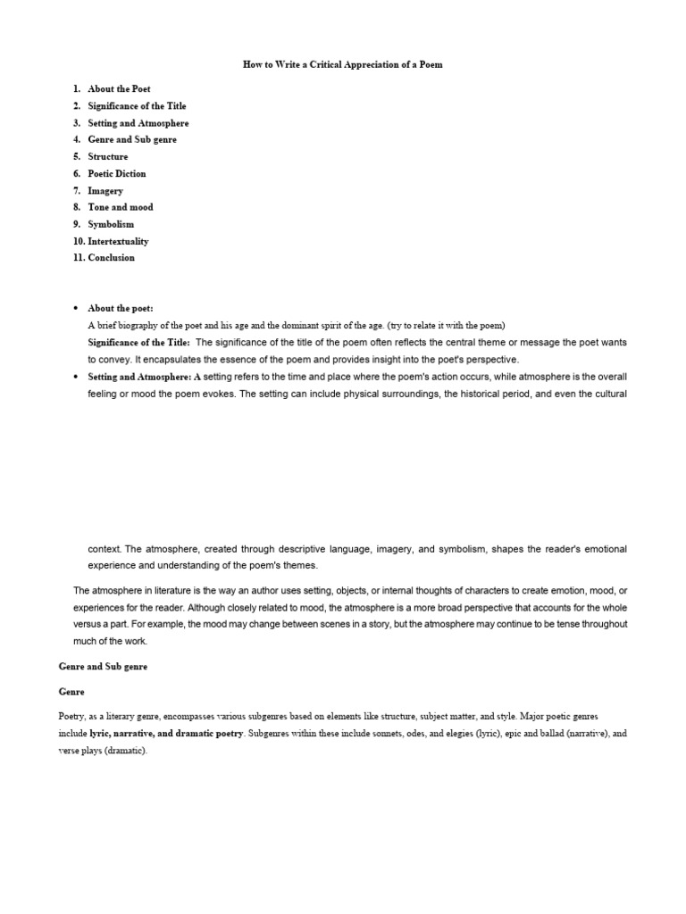 Writing a Critical Appreciation of Poetry | PDF | Poetry | Metre (Poetry)