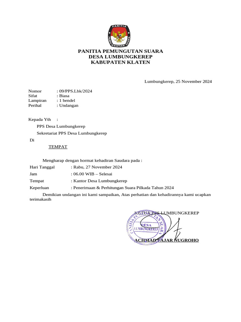 Undangan Penerimaan Suara Pilkada 2024 | PDF