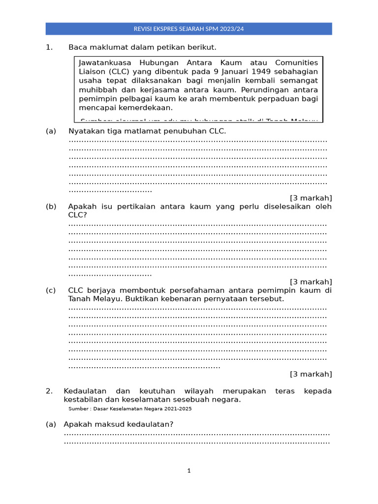 Latihan Revisi Ekspres Sejarah SPM 2023 | PDF