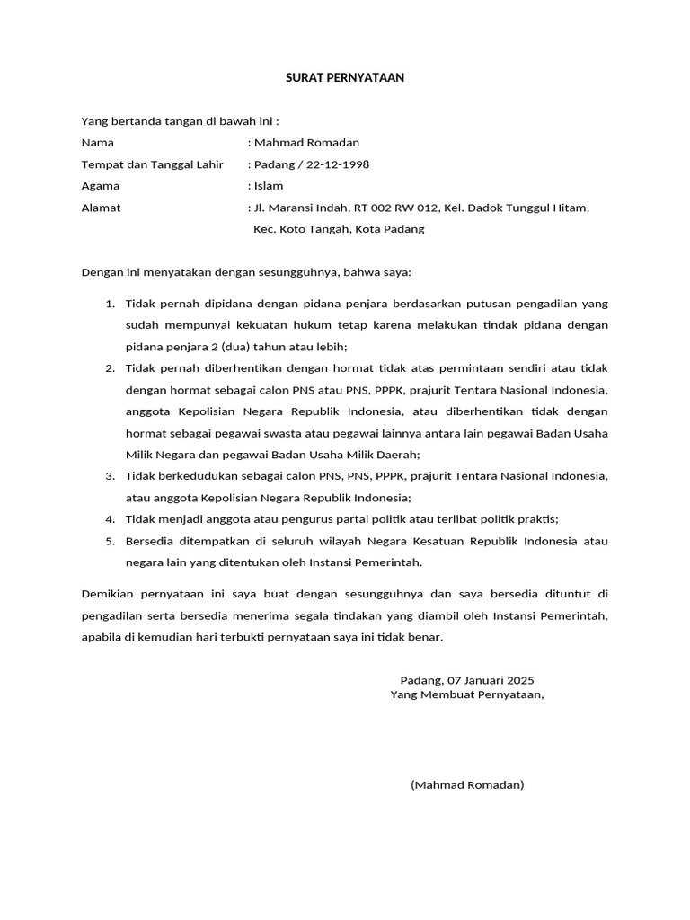 Surat Pernyataan Mahmad Romadan | PDF