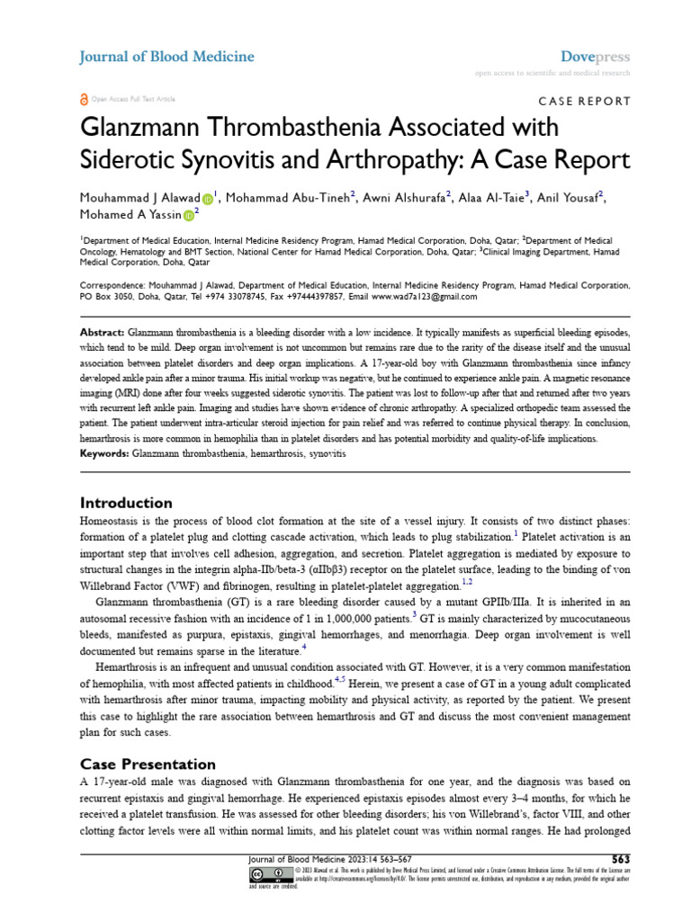 JBM 418937 Glanzmann Thrombasthenia Associated With Siderotic Synovitis ...