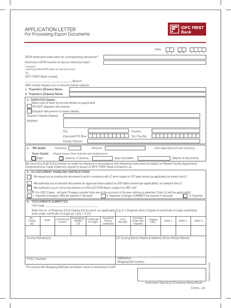 Export Bill Collection Application Form | PDF | Bankruptcy | Letter Of Credit