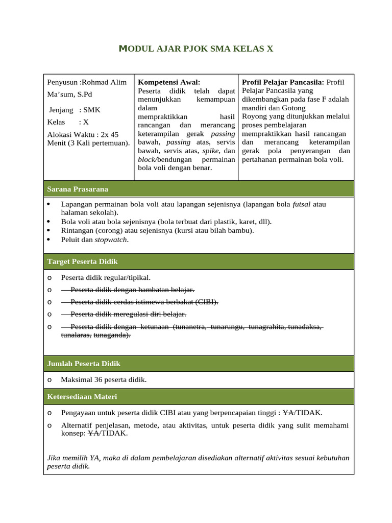Modul Ajar PJOK Bola Voli Kelas X | PDF
