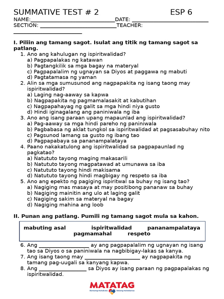 Esp 6 Summative 02 | PDF