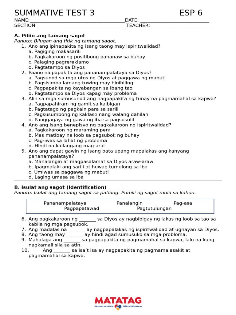 Esp 6 Summative 03 | PDF