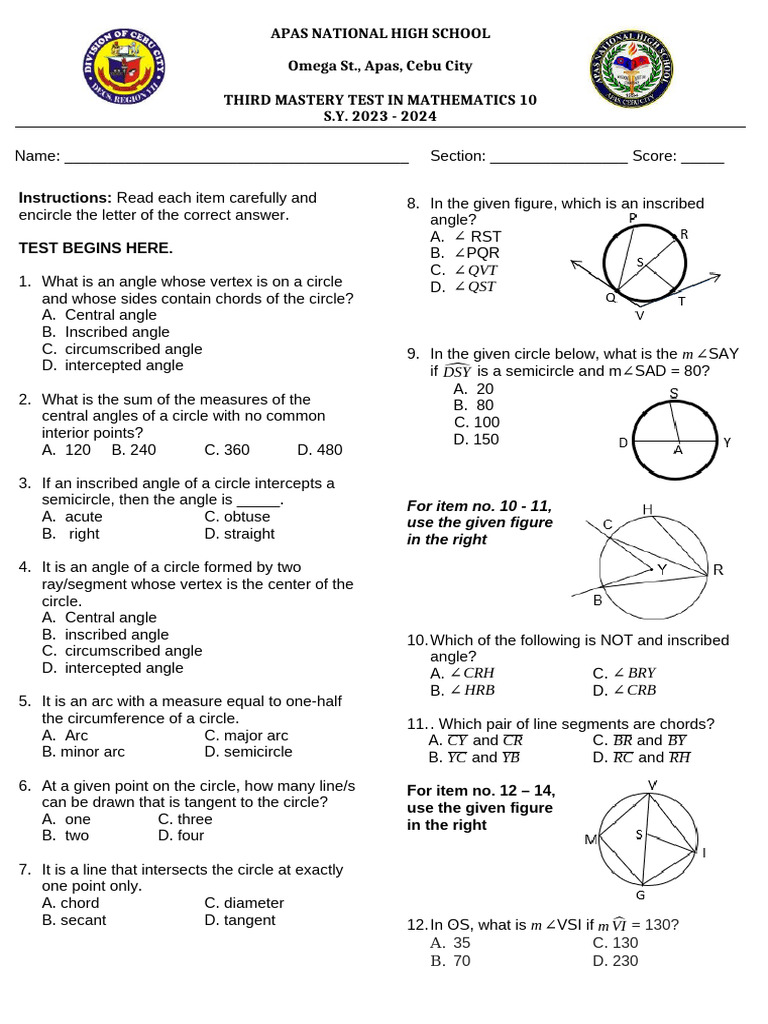 Geometry Test: Angles and Circles | PDF | Circle | Angle