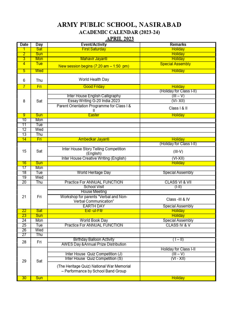 APS Nasirabad Academic Calendar 2023-24 | PDF | Observances