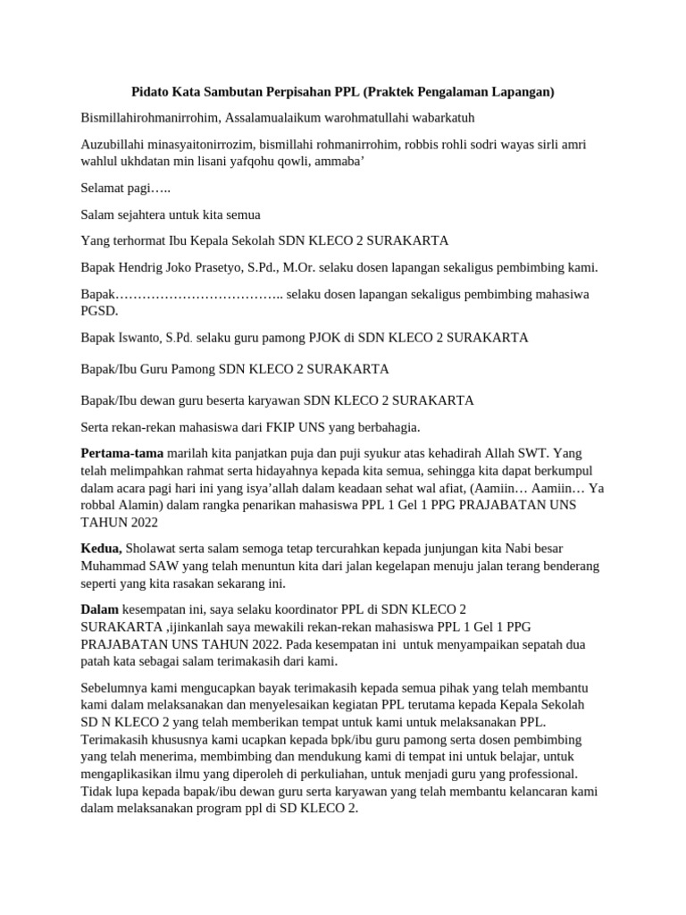 Sambutan Perpisahan Mahasiswa PPL | PDF