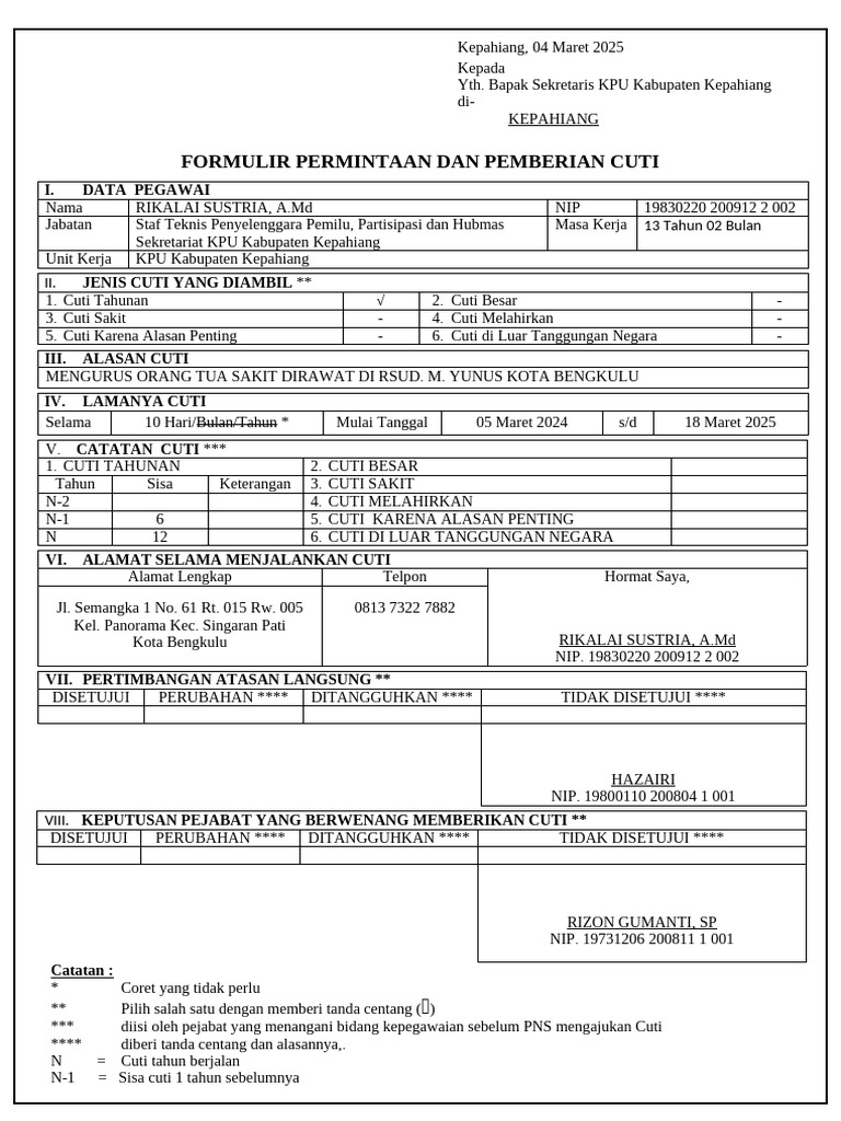 Permohonan Cuti Tahunan Rikalai Sustria | PDF