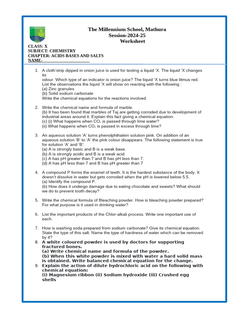 Class 10 Chemistry: Acids, Bases, Salts Worksheet | PDF | Acid | Ph