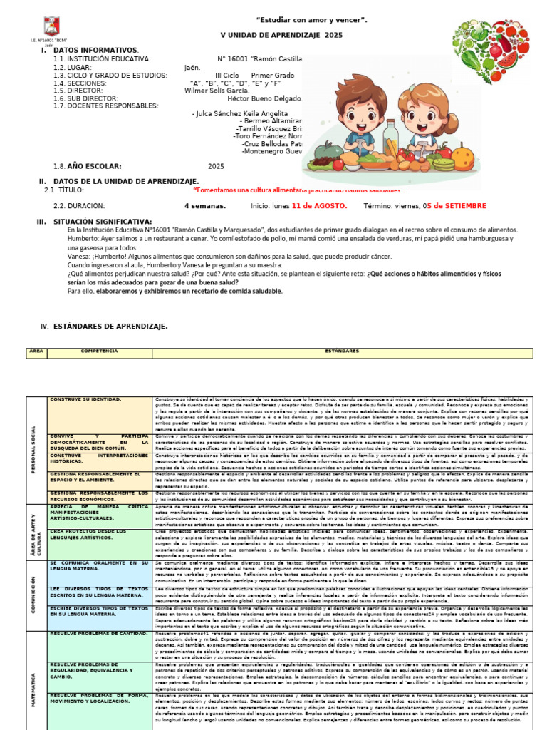 V Unidad de Aprendizaje - Primer Grado | PDF | Aprendizaje | Datos