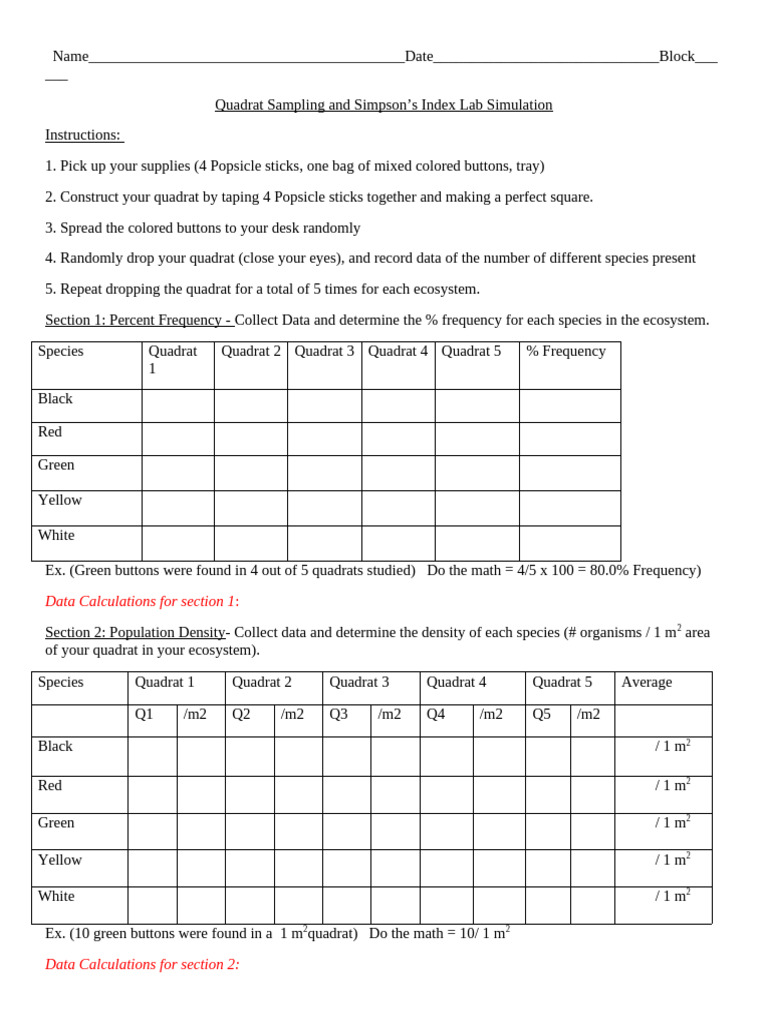 Quadrat Sampling Lab Handout | PDF | Experiment | Sampling (Statistics)