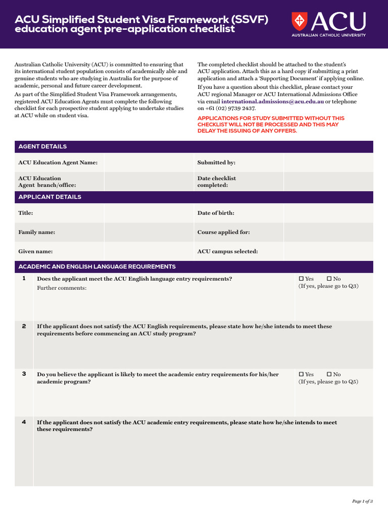 ACU Pre Application Checklist 2024 | PDF | Travel Visa
